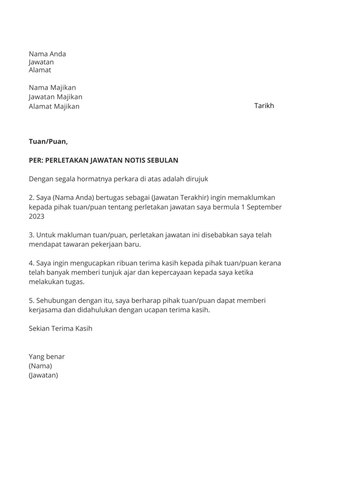 Contoh Surat Berhenti Kerja Ikut Format Rasmi Notis 24 jam